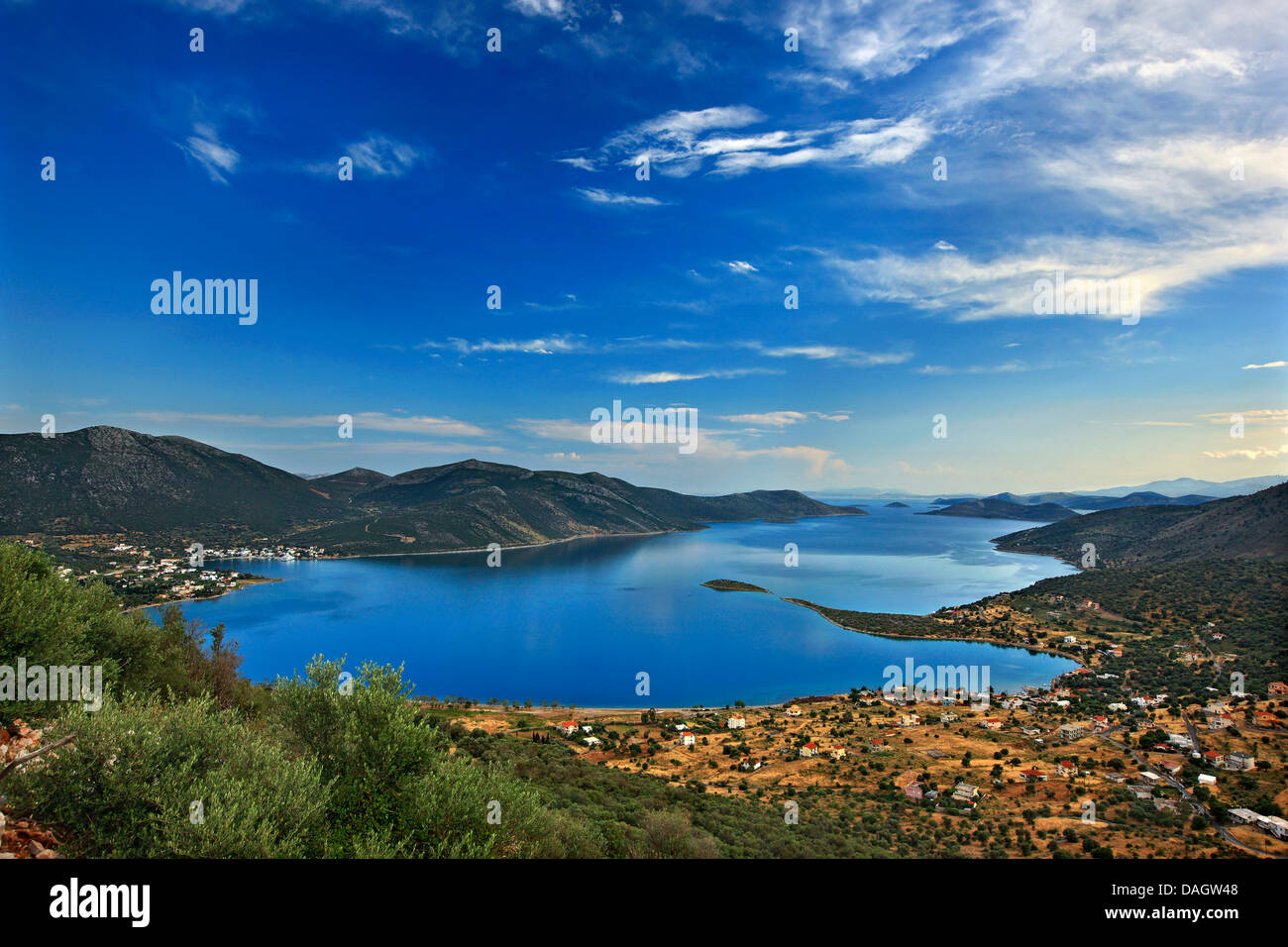 Almyropotamos bay, Evia island, Central Greece. To the left, Panagia ...