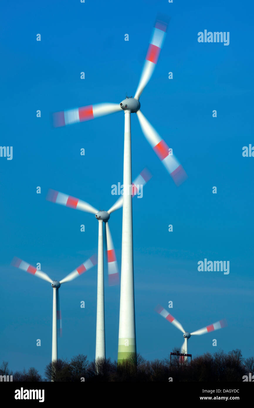 wind wheels in the evening light, Germany, North Rhine-Westphalia Stock ...