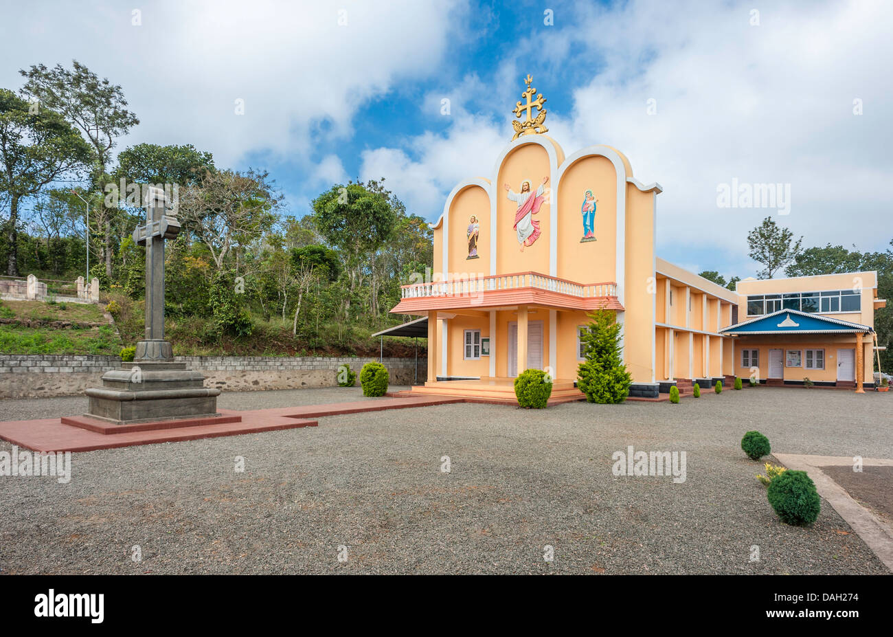 A Christian church in bright colors in the village of Kumily near ...