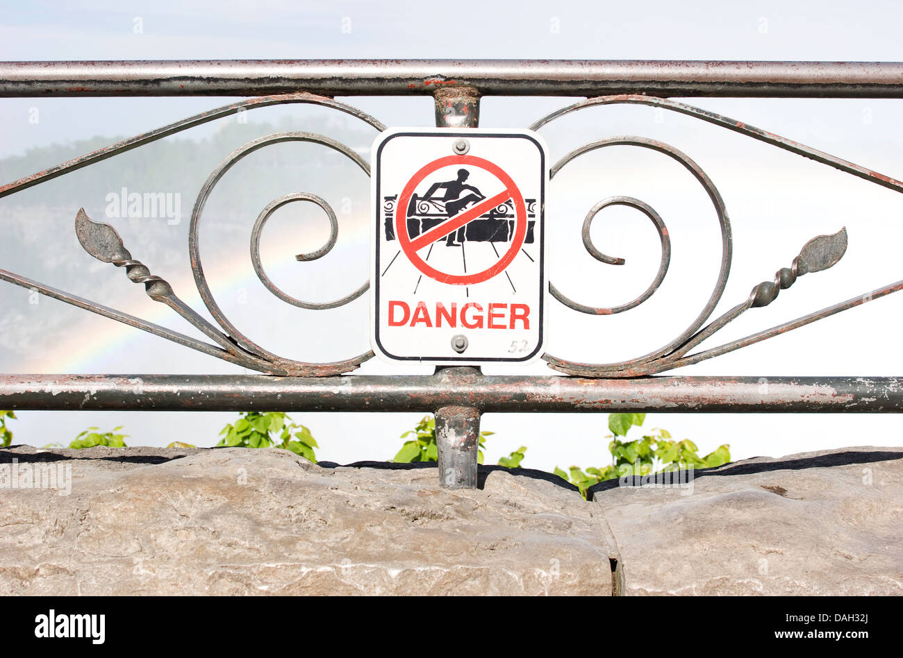 Danger sign on railings at Niagara Falls, Canada: no climbing over the ...
