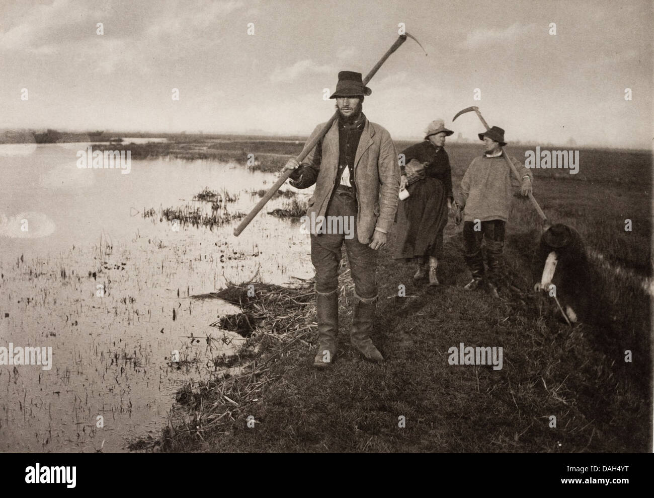 This artwork, titled 'Coming Home from the Marshes,' depicts a tranquil ...