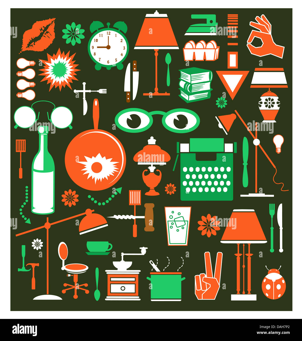 A set of household items of different colors on a black background ...
