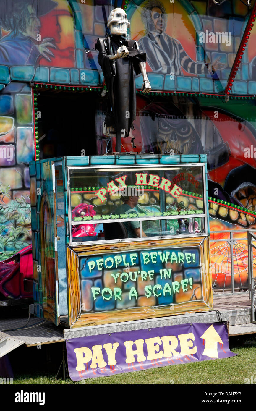 Entrance to a haunted house fairground ride at Durham, England. The ...