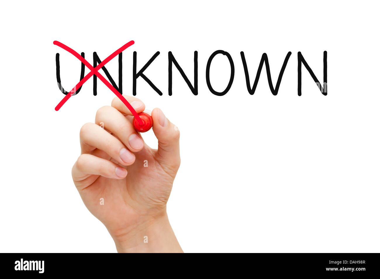 Hand turning the word Unknown into Known with red marker isolated on ...