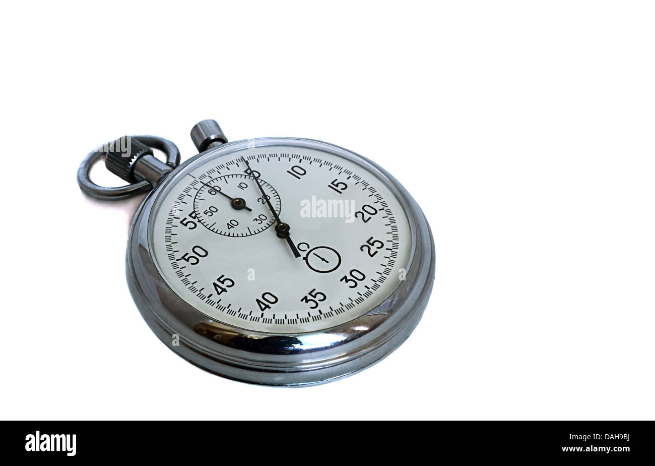 Stopwatch in shiny metal frame. Presented on a white background Stock ...
