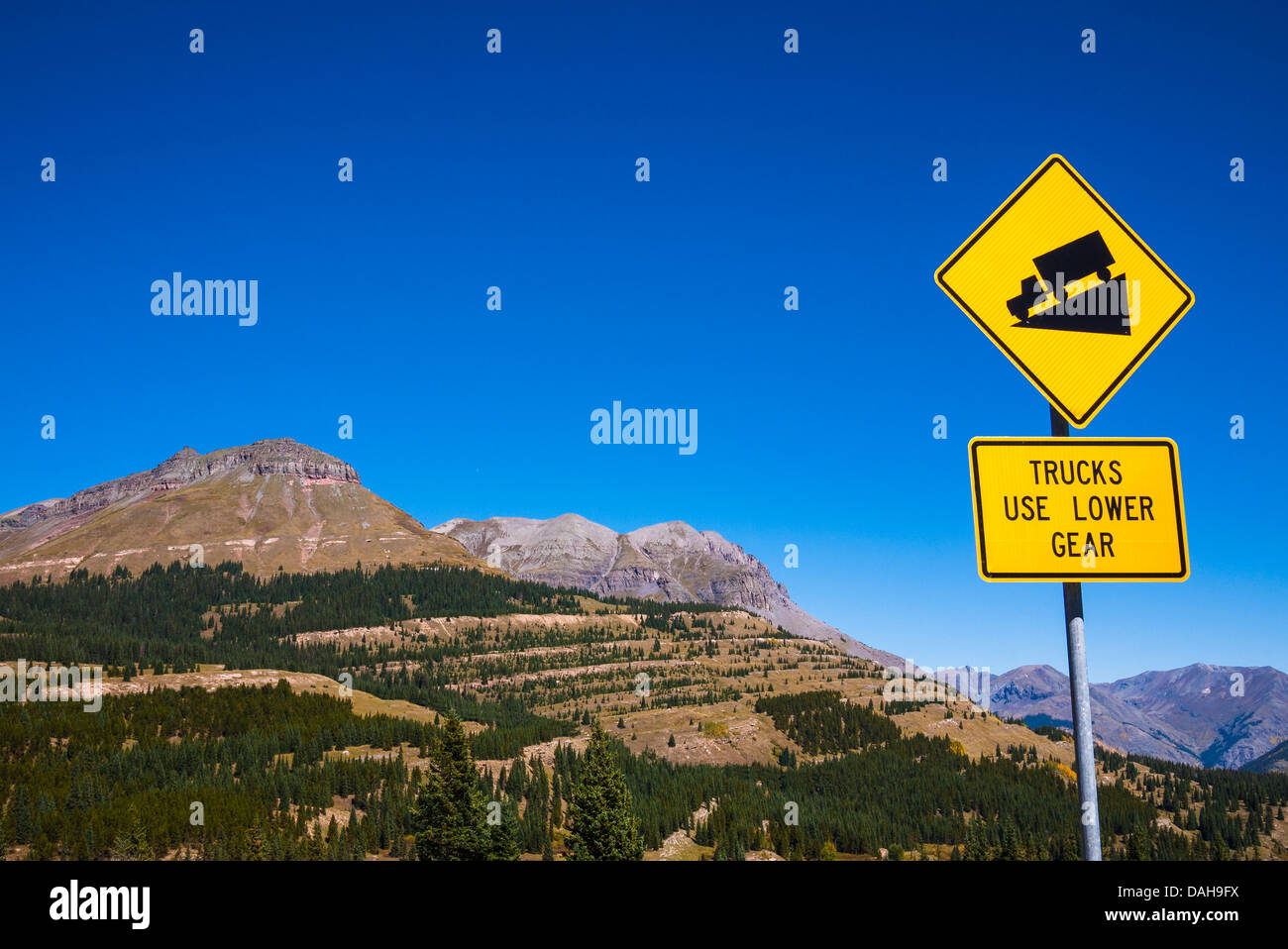 Steep grade sign on Molas Pass near Silverton, San Juan National Forest ...