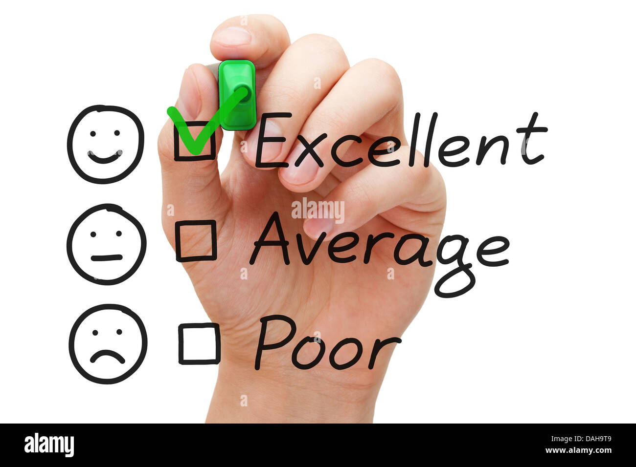 Hand putting check mark with green marker on excellent customer service ...