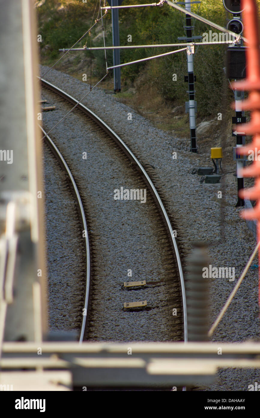 Trains railroad in shadow with curve Stock Photo - Alamy