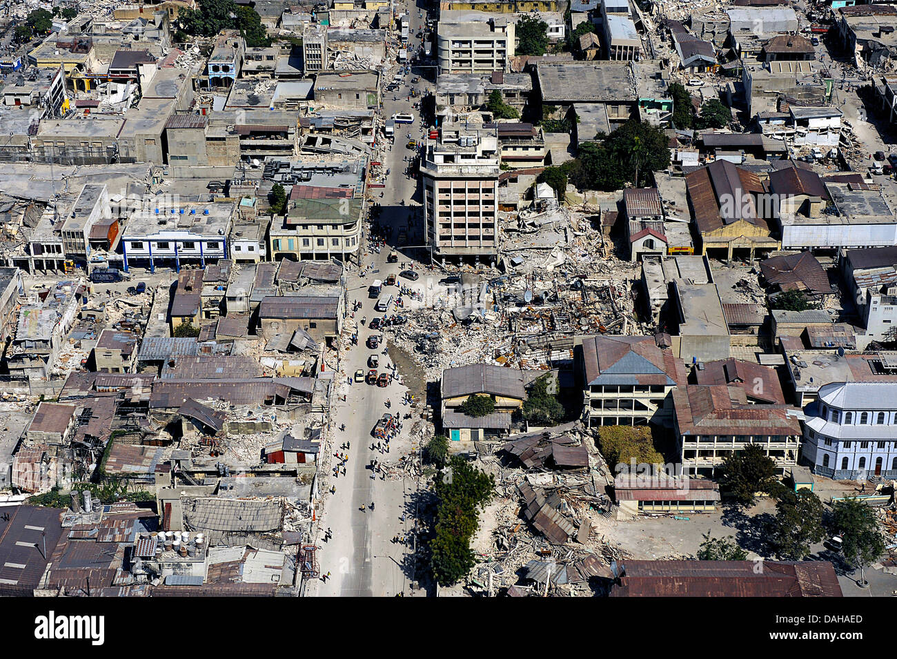 Aerial view of damaged buildings in the aftermath of a 7.0 magnitude ...