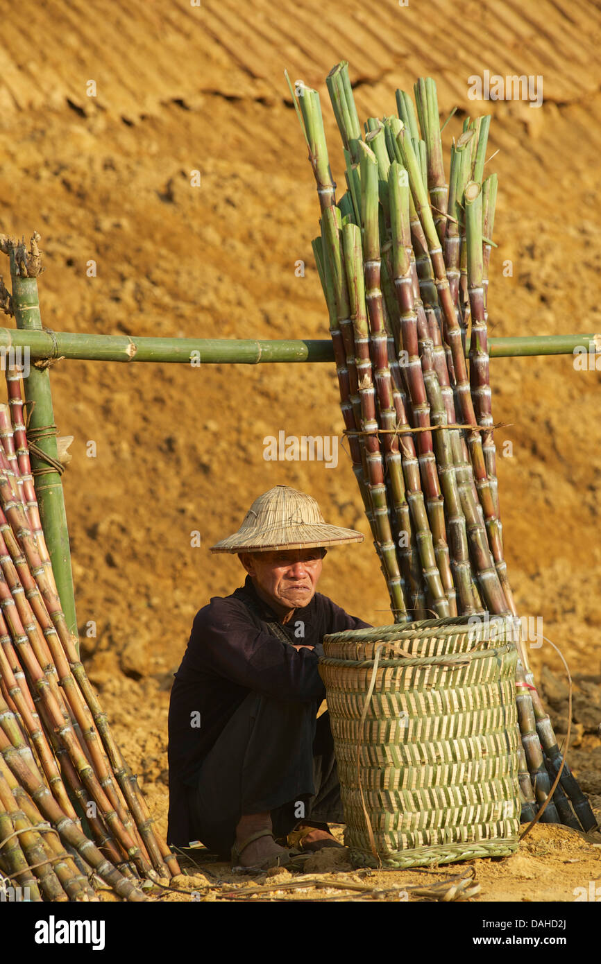 Hmong man in distinctive black attire and hat selling sugar cane at ...