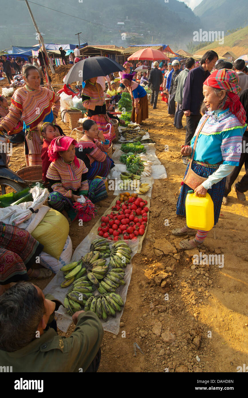 Fruit and vegetable sellers at Can Cau market, near Bac Ha. Lao Cai ...