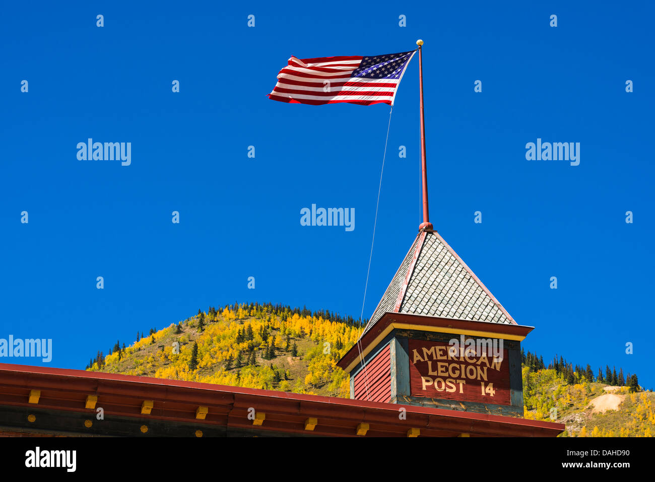 American Legion Post and fall color, Silverton, Colorado USA Stock ...