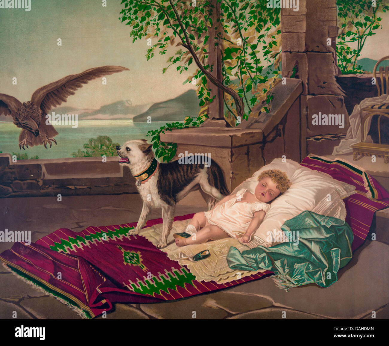 On guard - A dog stands guard over a little girl sleeping, circa 1878 ...