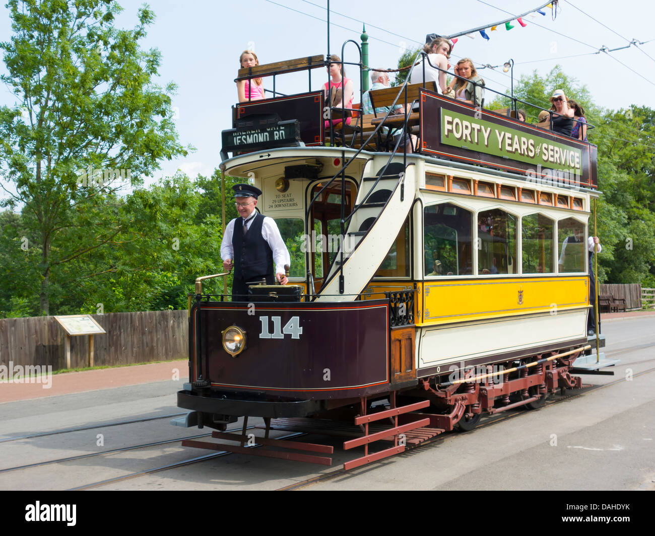 Restored open topped double decker Newcastle Tram No. 114 at Beamish ...