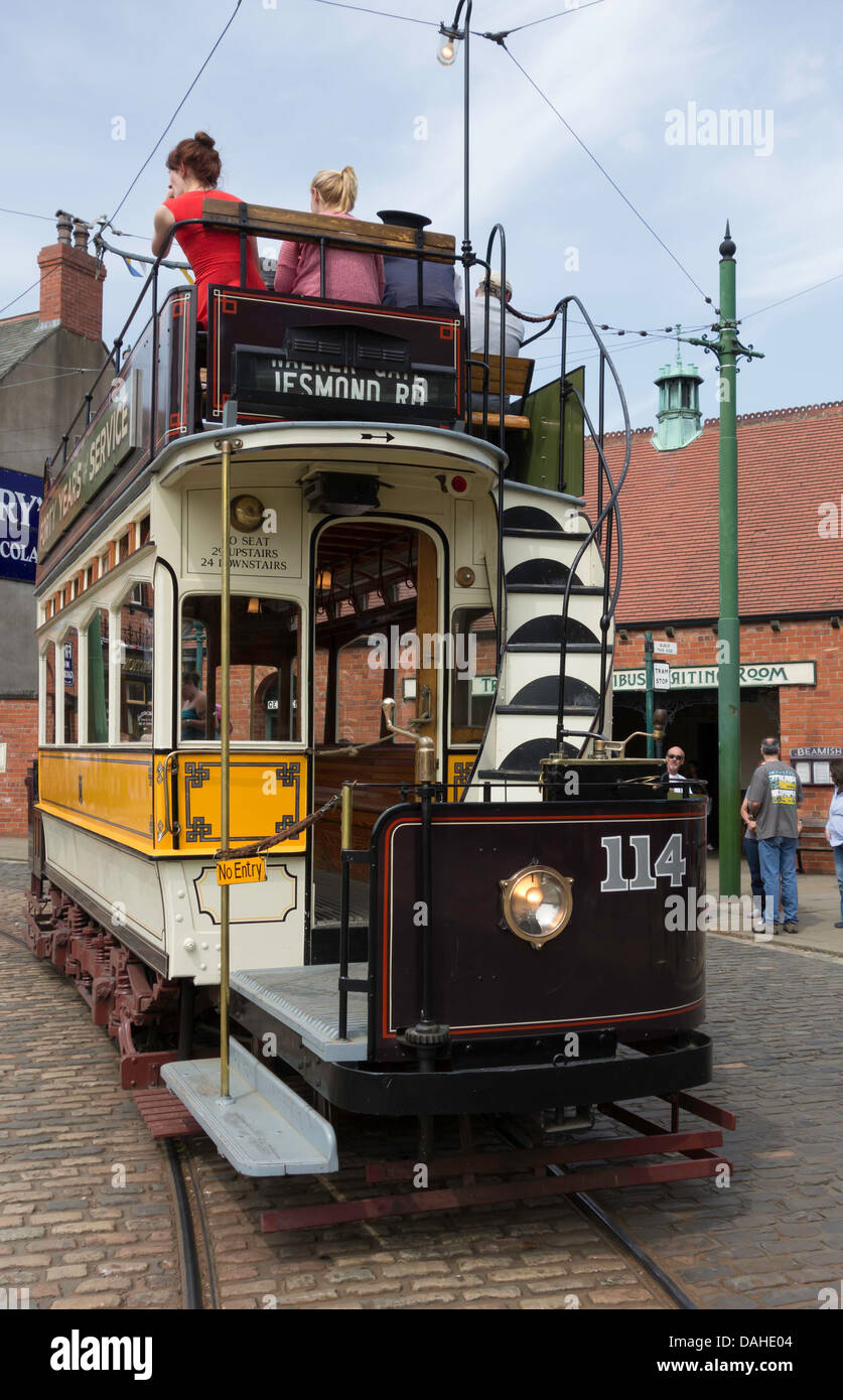 Restored open topped double decker Newcastle Tram No. 114 in the town ...