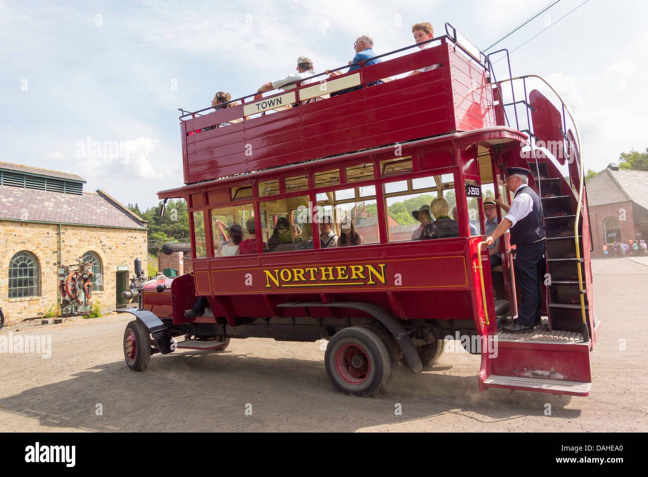 A replica 1913 CC Daimler bus in the Pit Village at Beamish Museum of ...