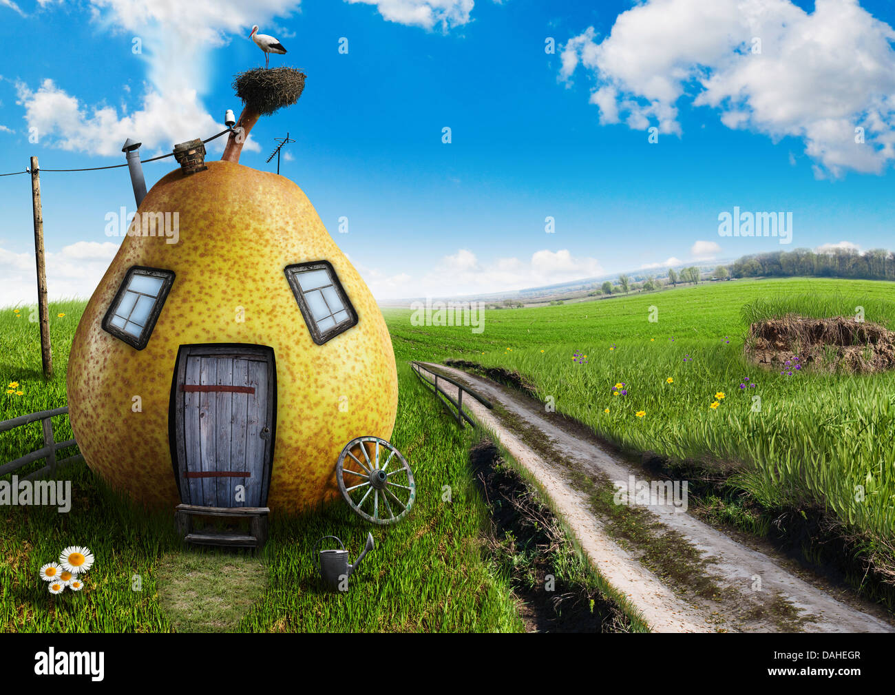 Collages. Pear in the form of a house with a jack and a stork Stock ...
