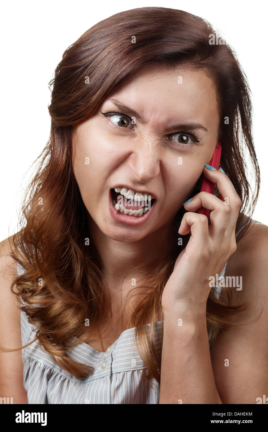 Cry, resentment, aggression. Emotions woman on a white background Stock ...