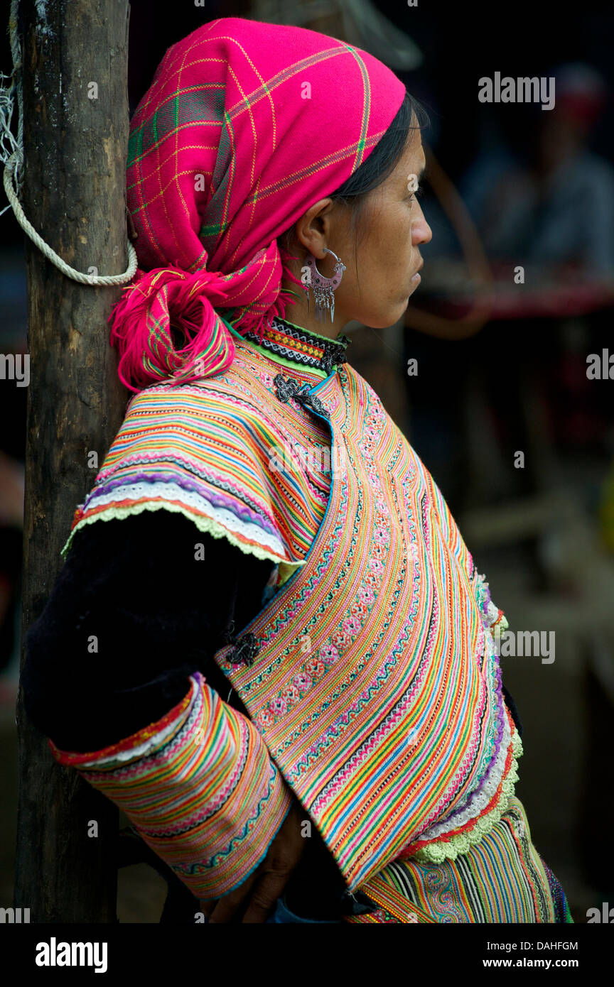 Profile of Flower Hmong woman in distinctive tribal costume at Bac Ha ...
