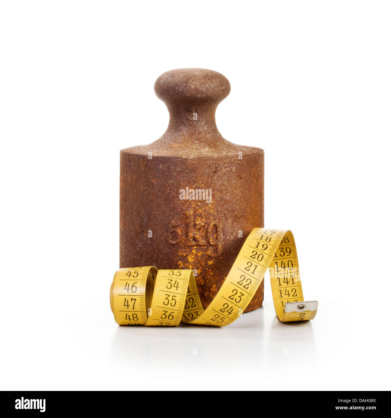 Old rusty weight and tape measure on white background Stock Photo - Alamy