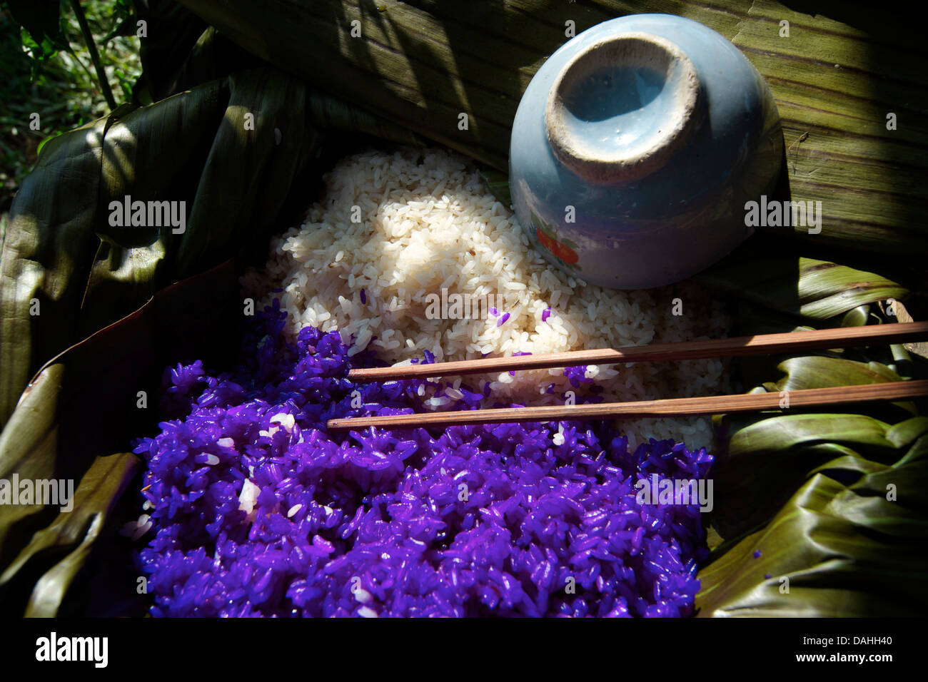 White and purple colored rice for sale at Coc Ly market, Lao Cai ...
