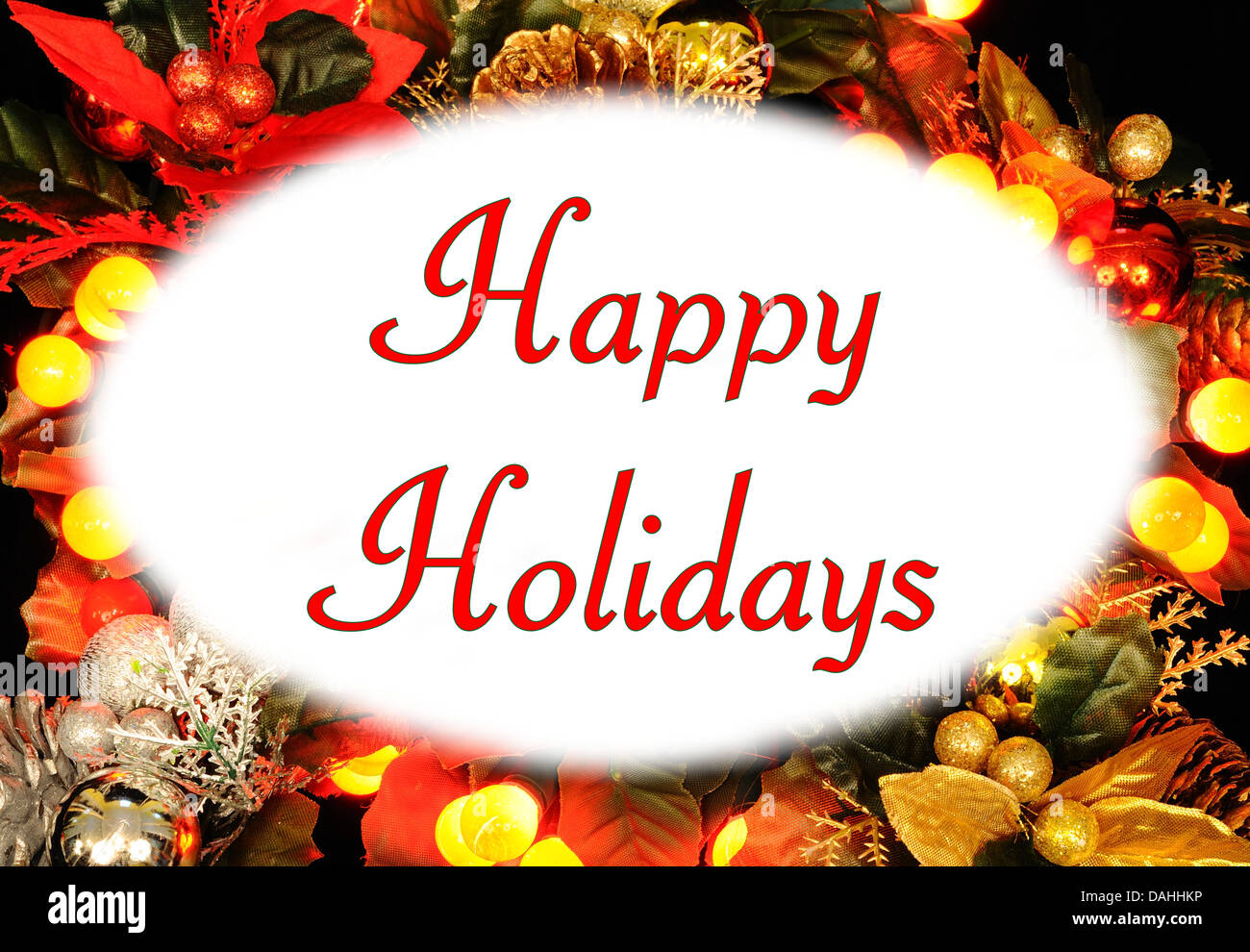 Happy Holidays message in an oval frame set against a Christmas ...