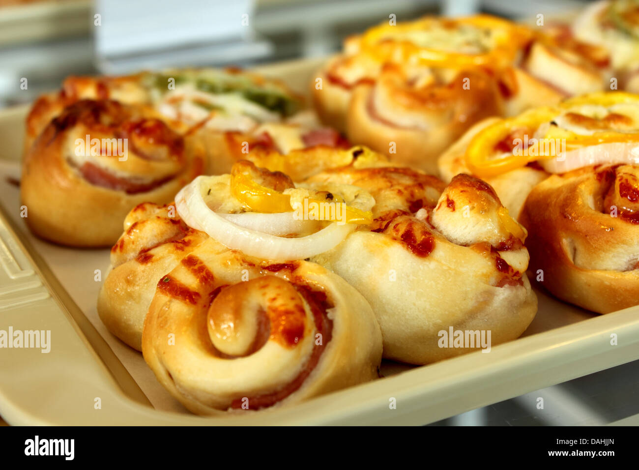 ham pizza bread and onion with sauce Stock Photo - Alamy