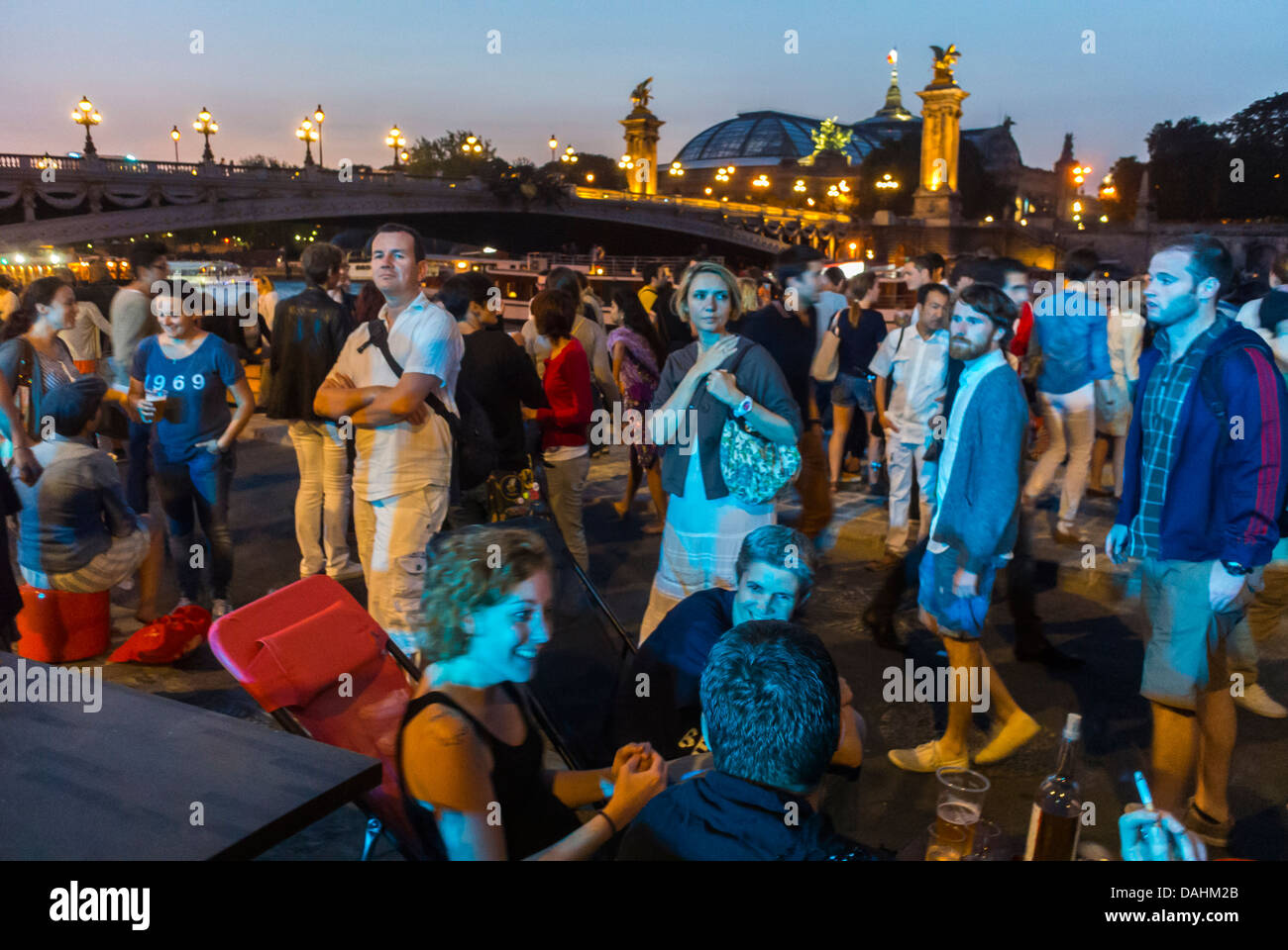 Paris, France, Crowd young people drinking Sharing Drinks on Seine ...