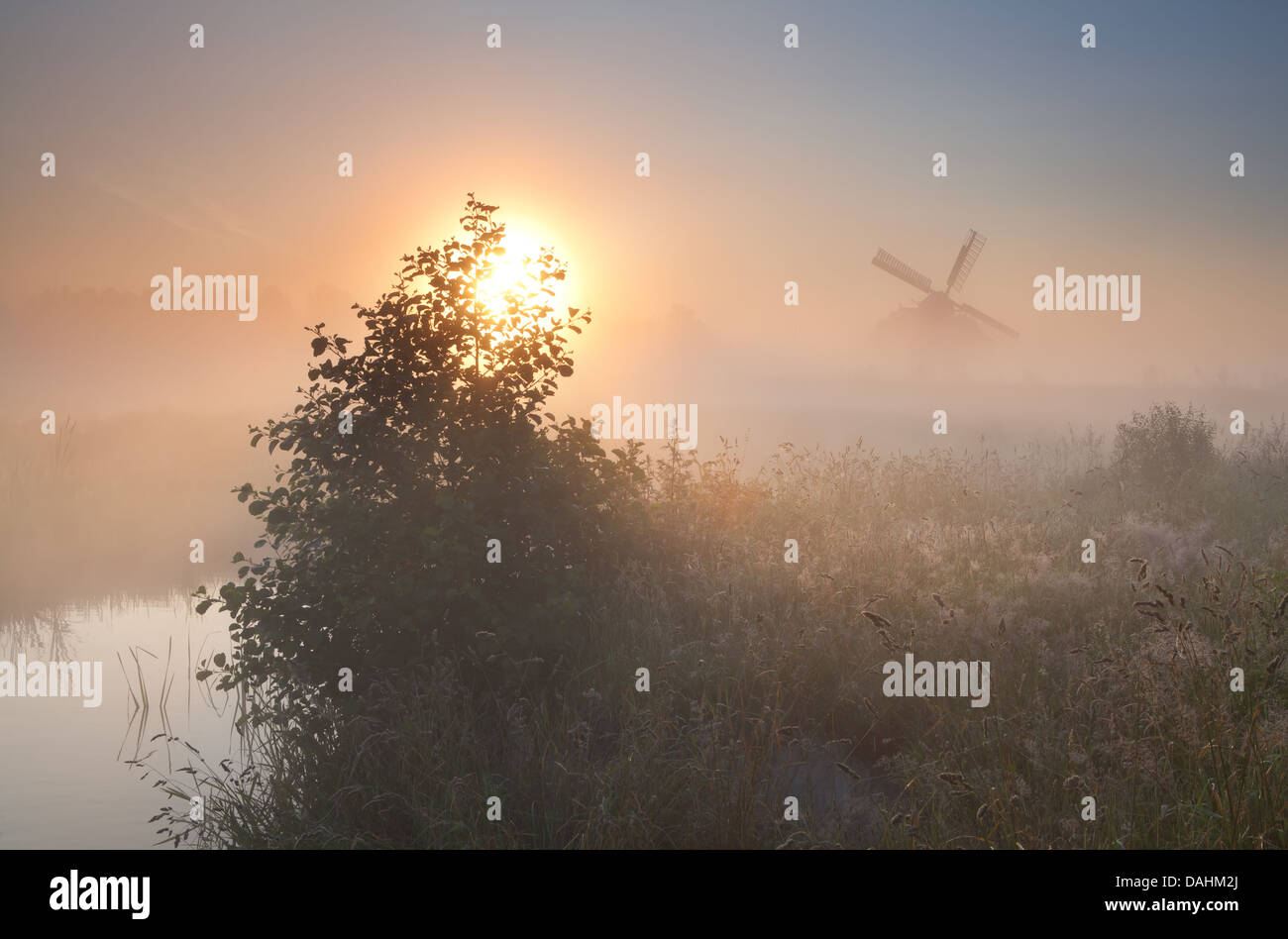 morning sunshine and windmill in dense fog, Groningen, Holland Stock ...