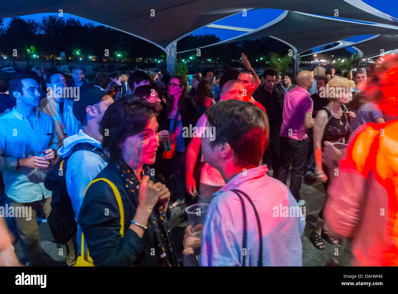 Paris, France, Large Crowd of French People, Sharing Drinks on Seine ...
