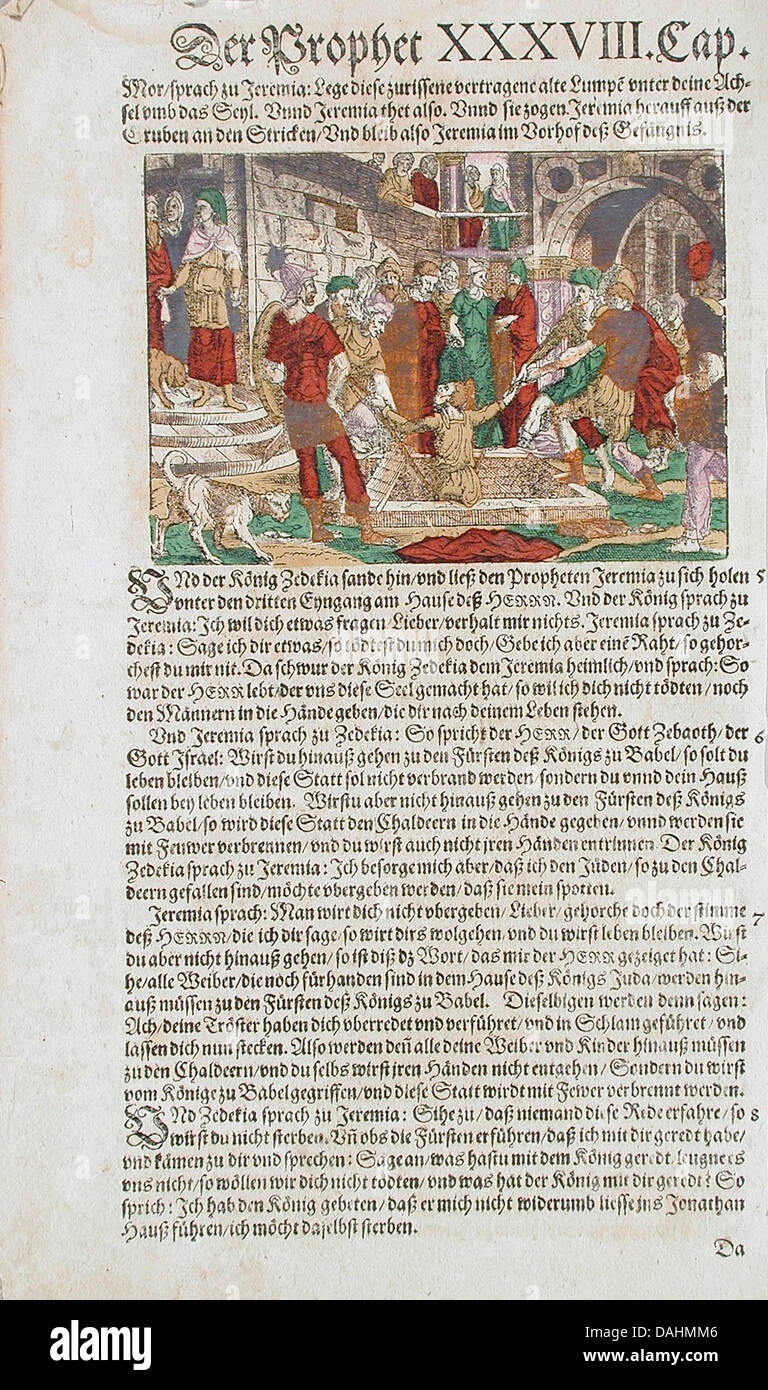 This artwork depicts the biblical scene of the prophet Jeremiah being ...