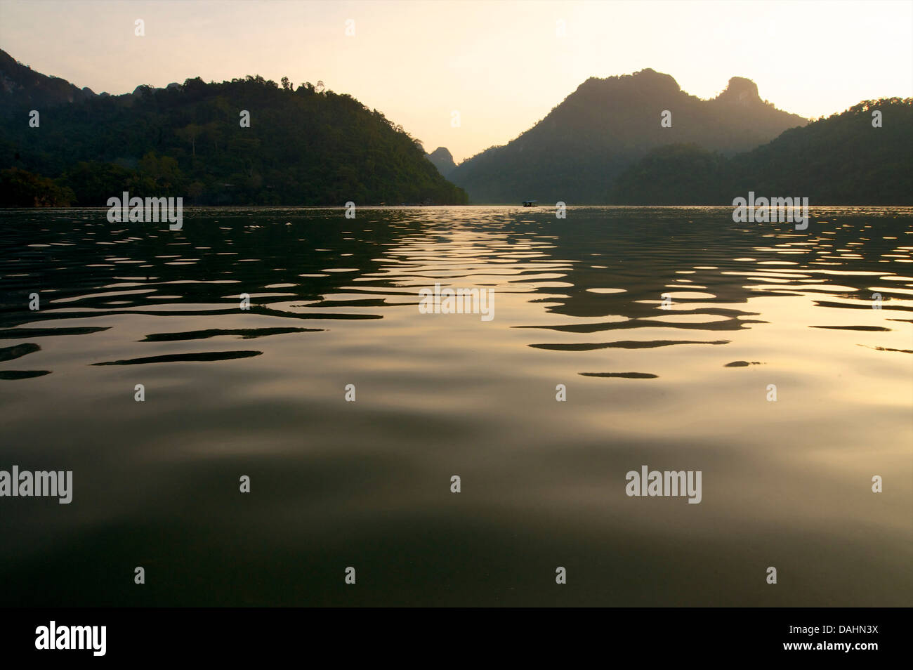 Still waters of Ba Be lake, the largest natural lake in Vietnam. Bac ...