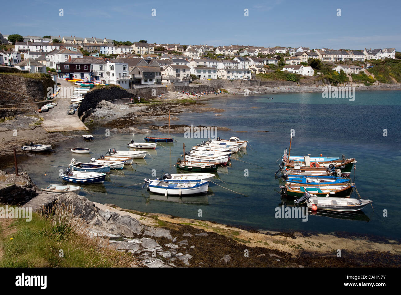 Boats moored at the pretty coastal village of Portscatho on the ...