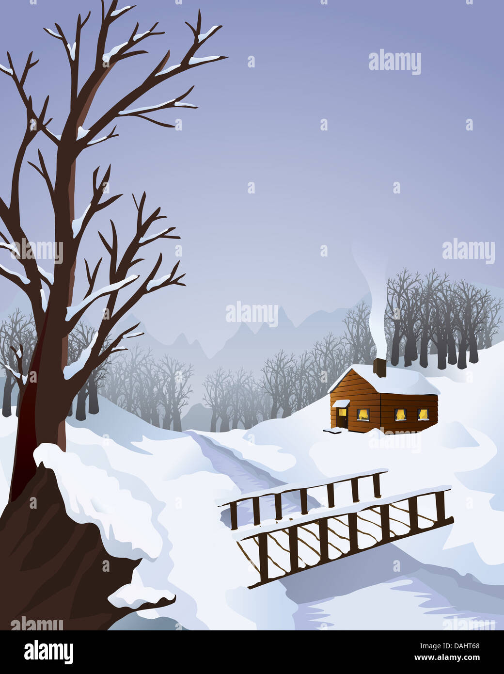 Typical winter landscape with a cottage in the woods Stock Photo - Alamy
