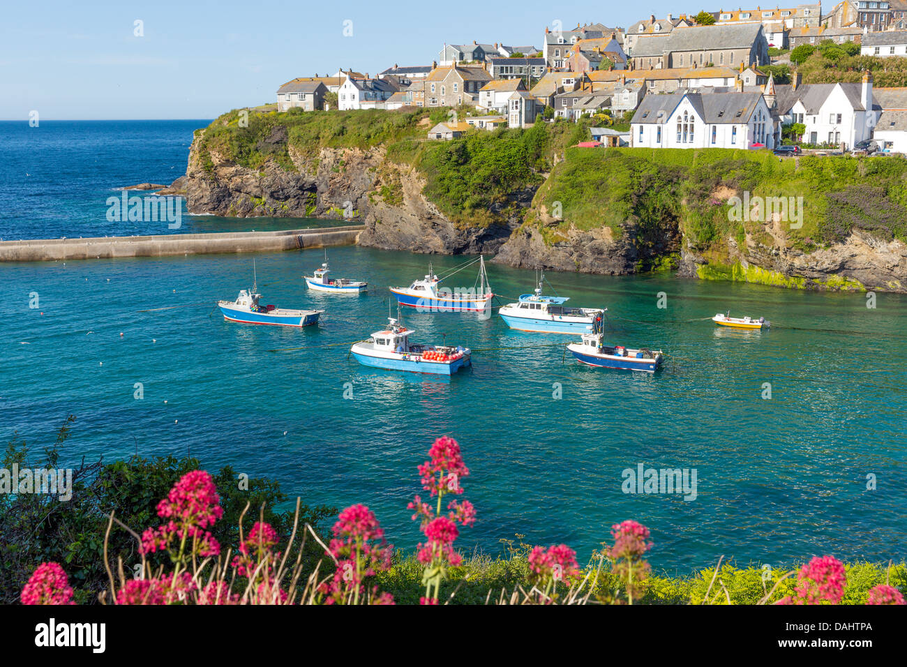 Boats in harbour Cornwall England UK with blue sea on a beautiful sunny ...