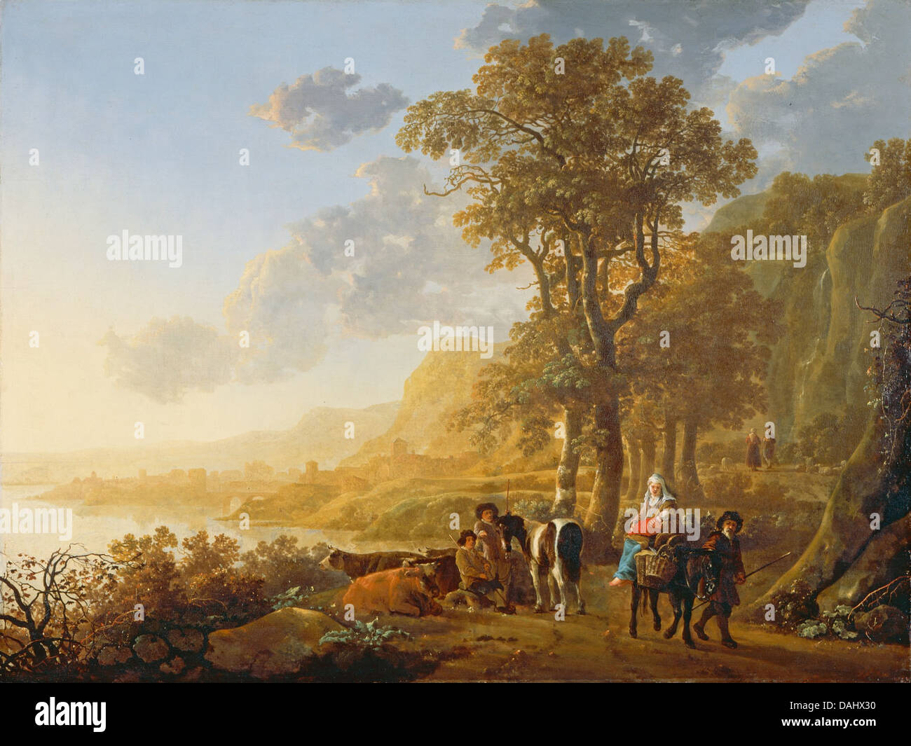 This artwork depicts 'The Flight into Egypt', a biblical scene ...