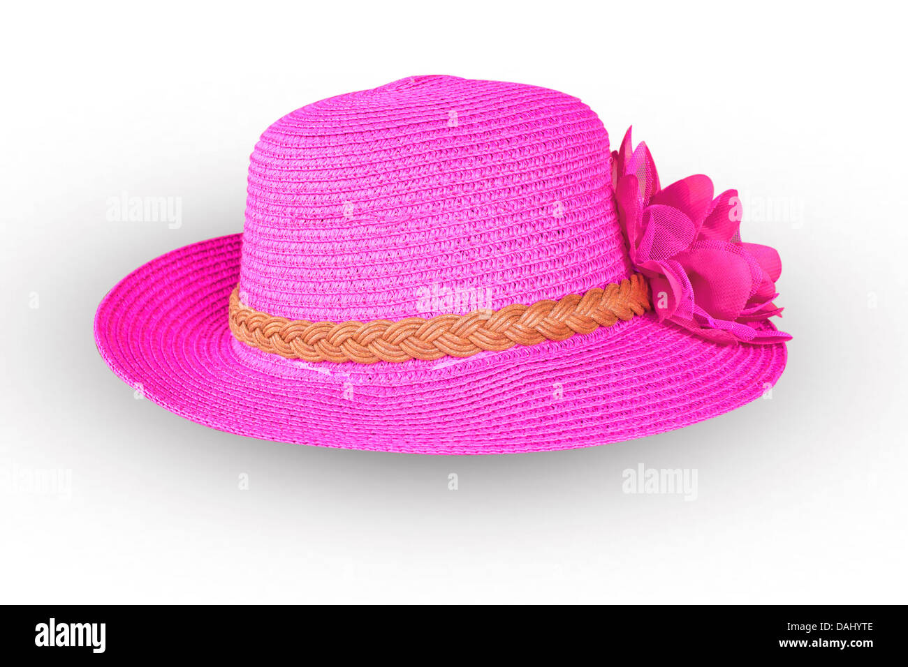 Pretty straw hat with flower on white background Stock Photo - Alamy