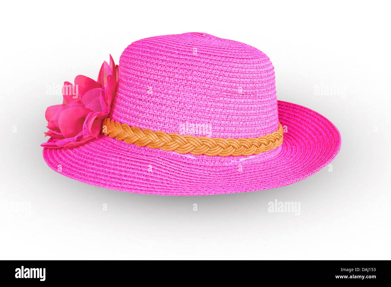 Pretty straw hat with flower on white background Stock Photo - Alamy