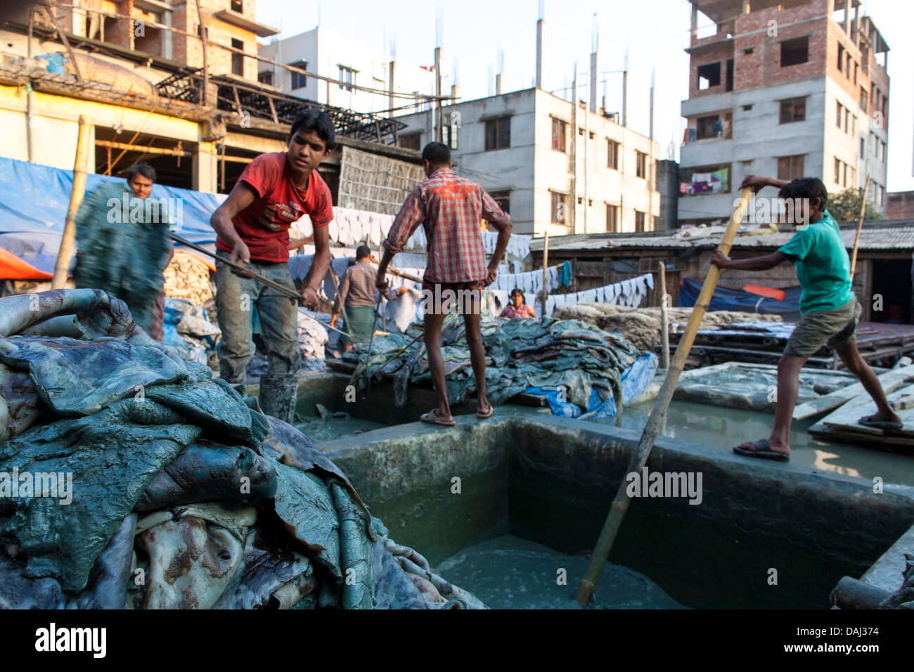 Workers pull unhaired and scudded leather from soaking baths in a ...