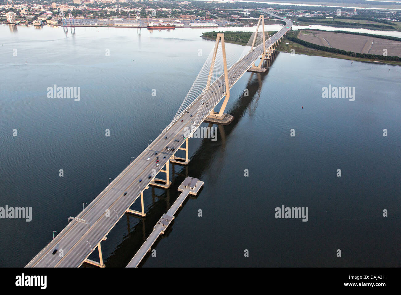 Aerial view of the Arthur Ravenel Bridge in Charleston, SC Stock Photo ...