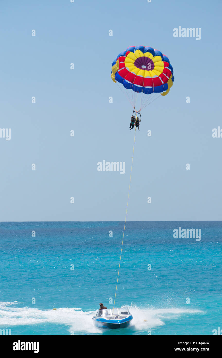 Two girls paragliding above the Mediterranean Sea at Nice, France Stock ...