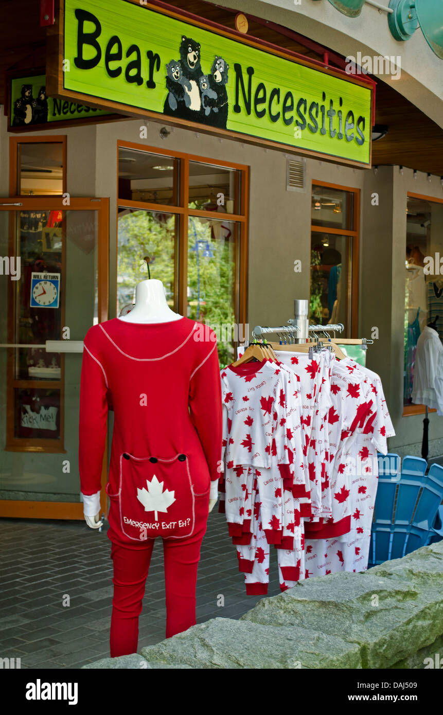 A Canadian themed store with colourful red long underwear and pajamas ...