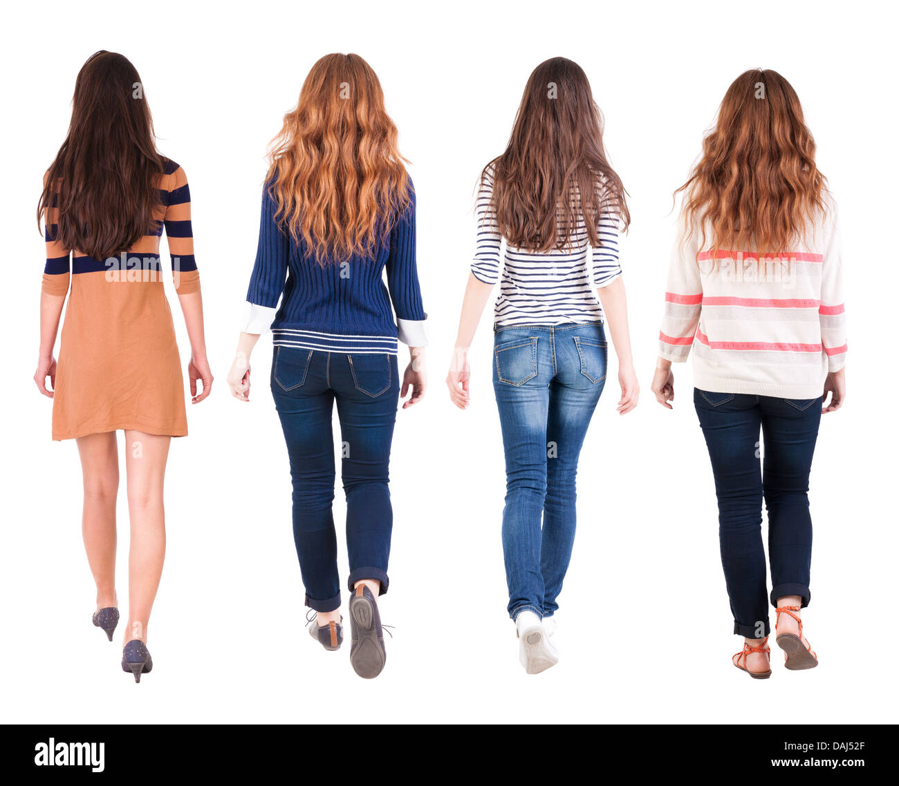 Back view of walking group of woman. Rear view people collection ...