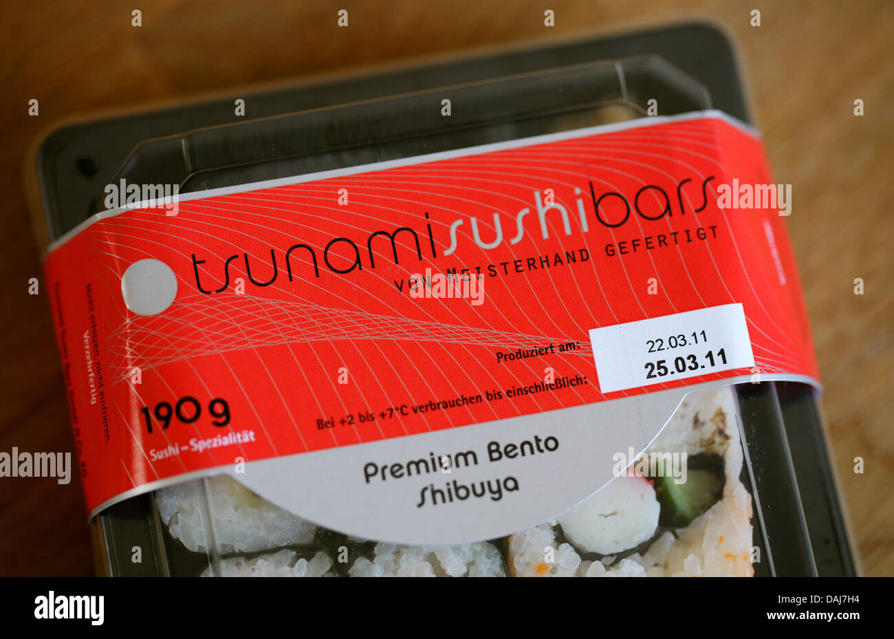 The picture shows a package of 'Tsunami Sushi Bars' lying on a table in ...