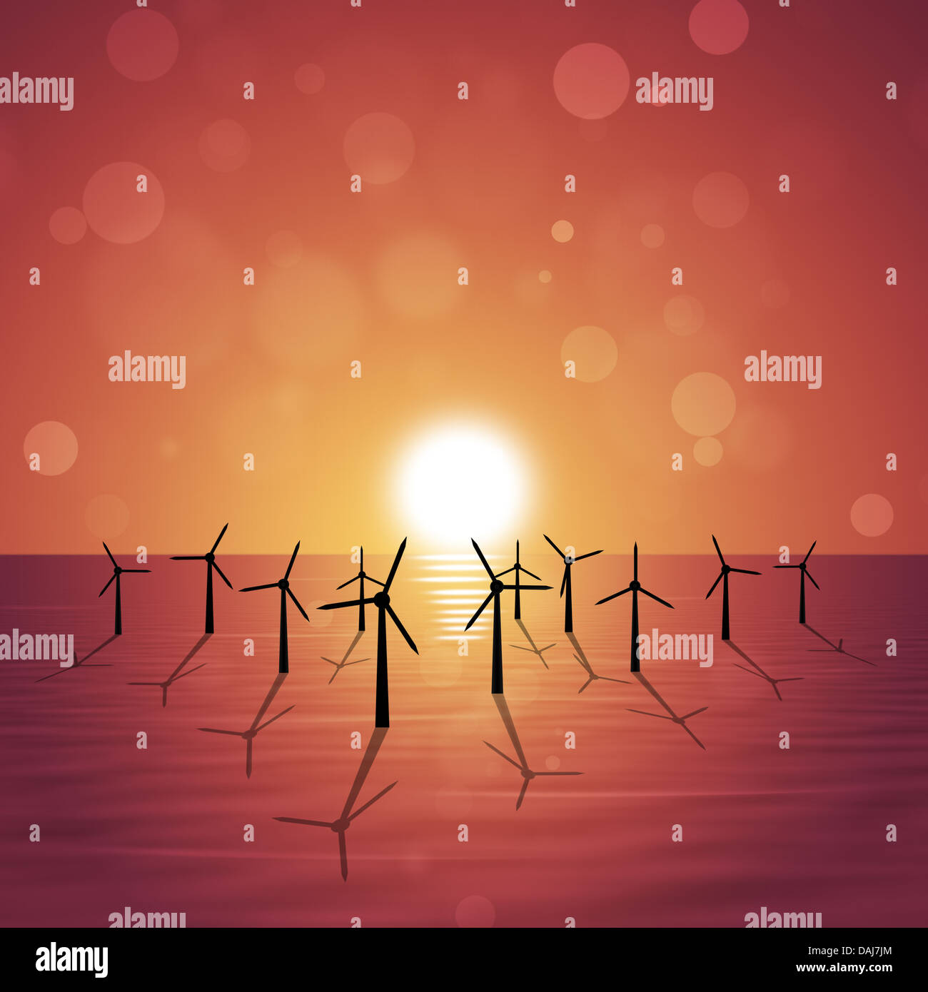 green energy sunset background with wind turbines and sunny blurrs ...