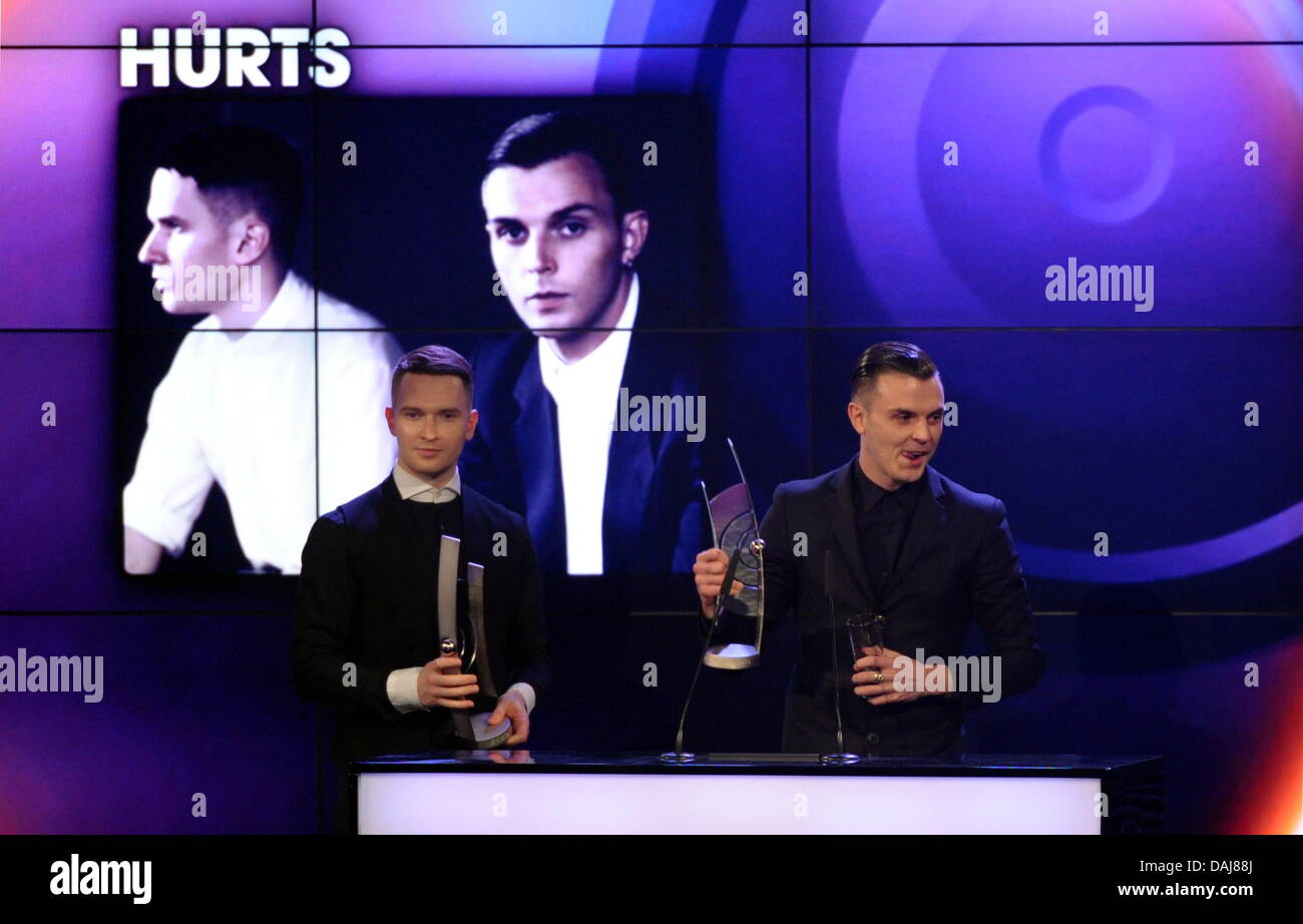 Theo Hutchcraft (R) and Adam Anderson of British band Hurts receive the ...