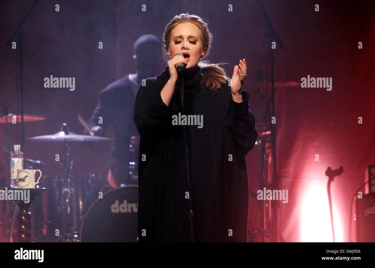 The picture shows the singer Adele performing at her first concert of ...