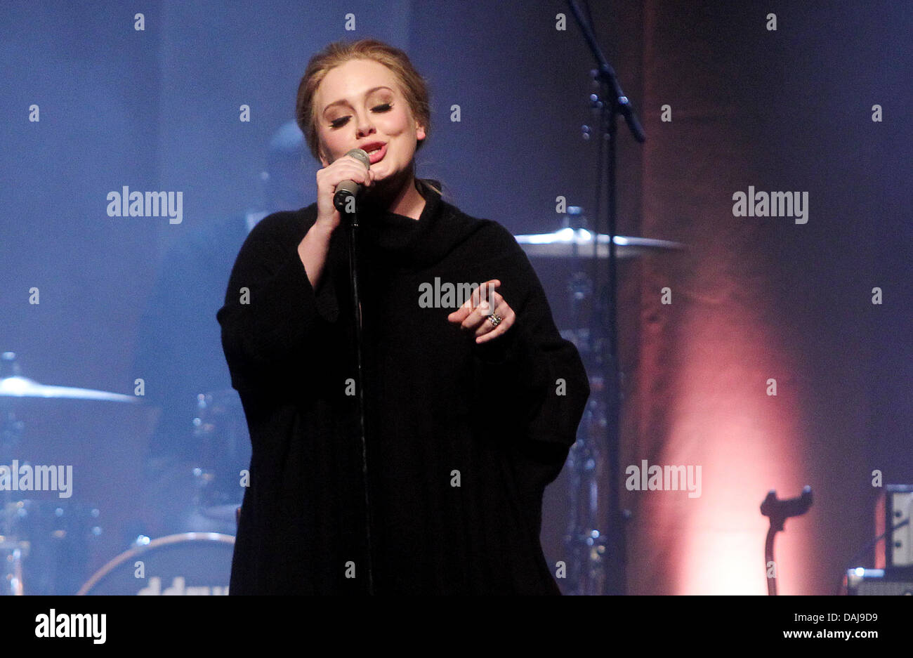 The picture shows the singer Adele performing at her first concert of ...