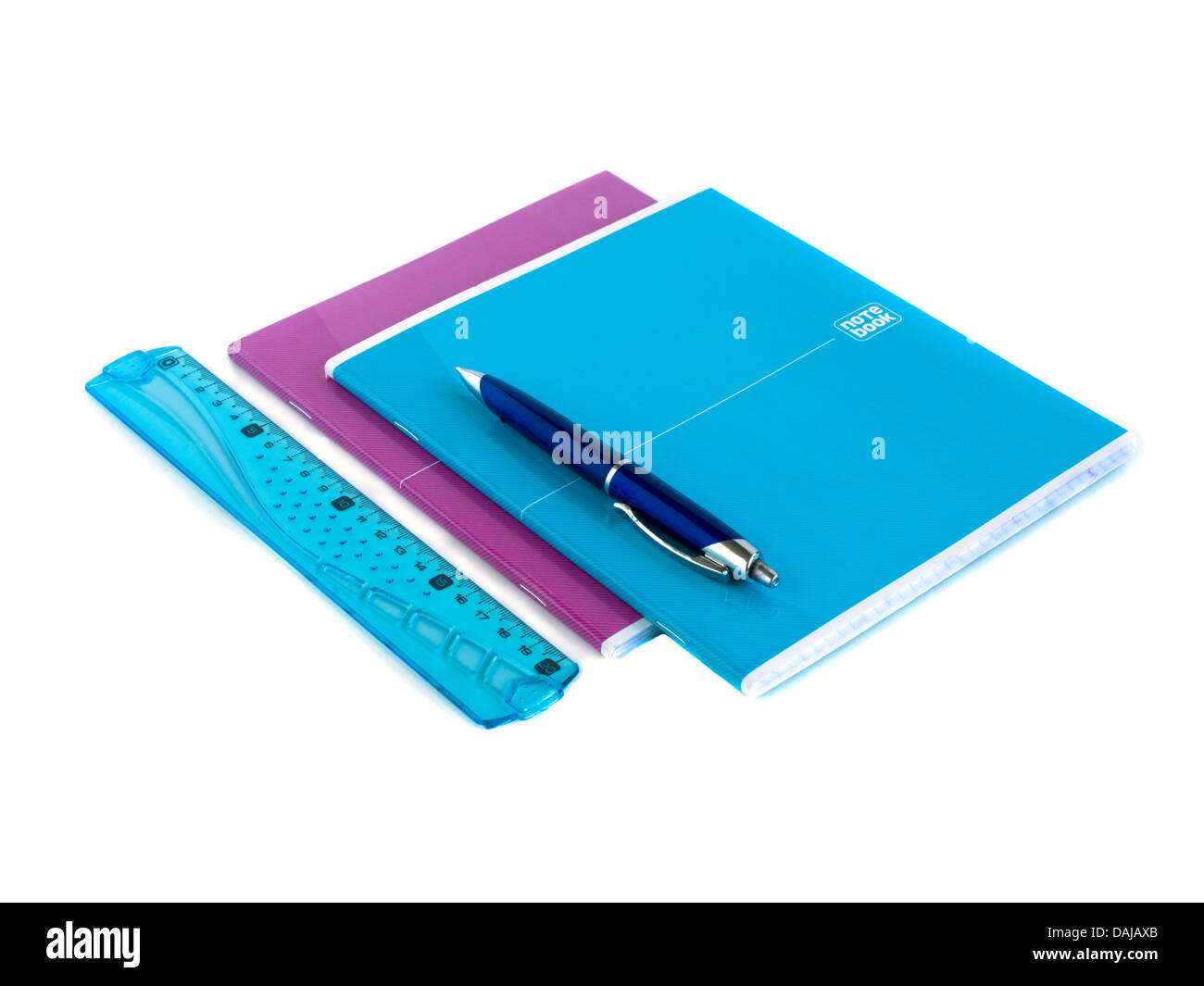 school supplies - notebooks, pen, ruler Stock Photo - Alamy