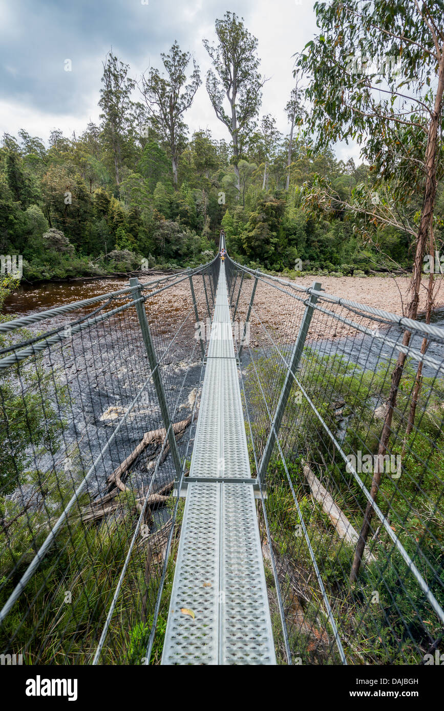 A swing bridge spans the spectacular Huon river and the Tahune Forest ...